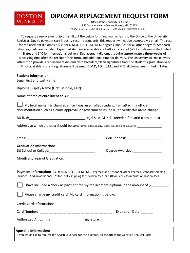 Fillable Online bu diploma replacement request form - Boston University - bu Fax Email Print ...