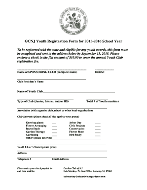 Fillable Online GCNJ Youth Registration Form for 2015-2016 School Year ...