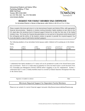 Fillable Online towson Request for Family Member Visa Certificate Fax ...