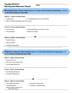 Fillable Online mineral ext wvu Name: Morning and Afternoon Classes Morning Classes Fax Email ...