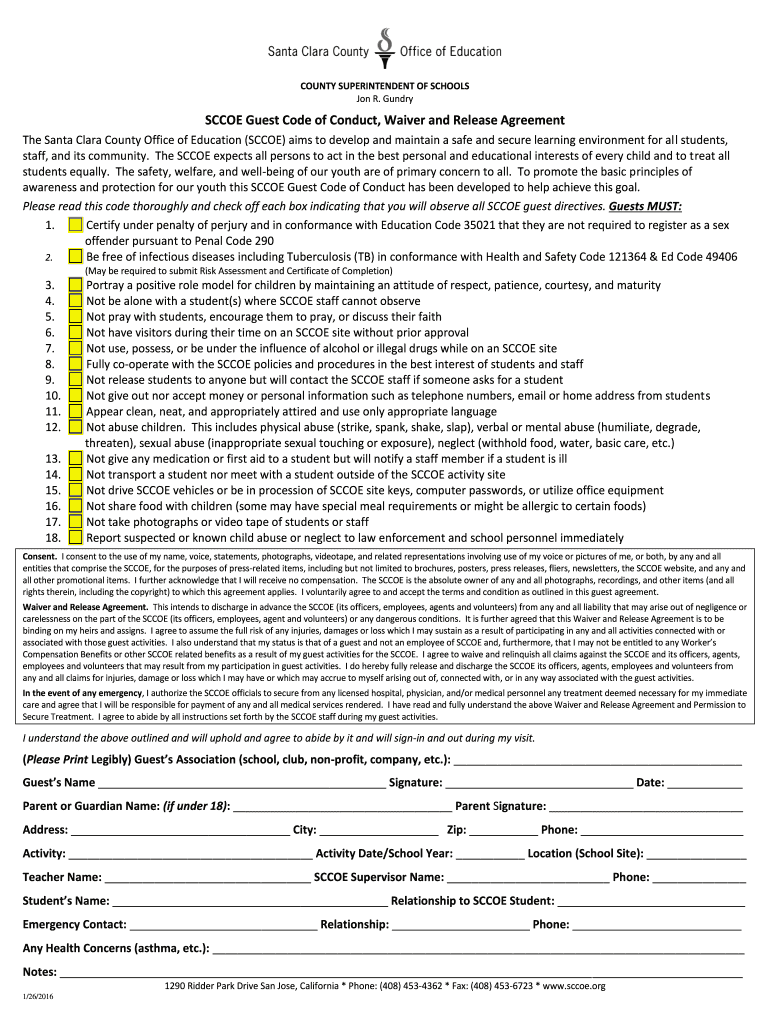 Fillable Online sccoe SCCOE Guest Code of Conduct, Waiver and Release ...