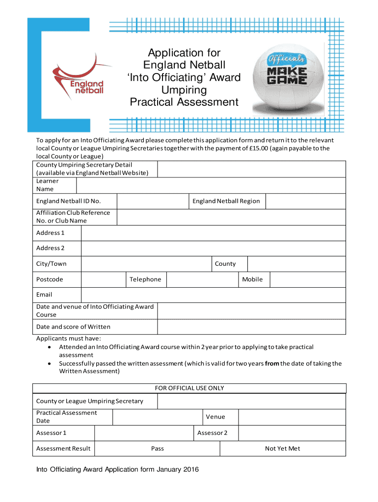 Fillable Online englandnetball co Into Officiating Award practical ...