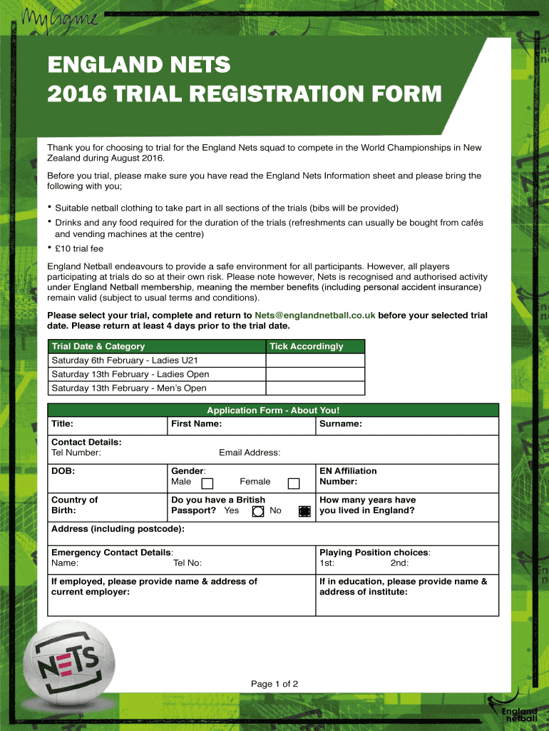 Fillable Online englandnetball co england nets 2016 trial registration ...