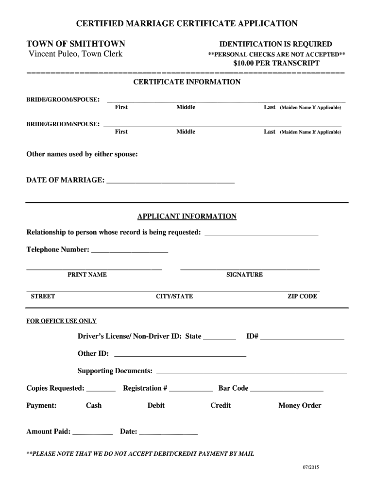 Fillable Online certified marriage application - Town of Smithtown Fax ...