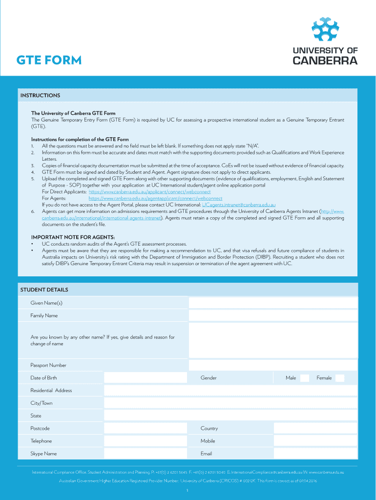 Fillable Online canberra edu 1 INSTRUCTIONS The University of Canberra ...