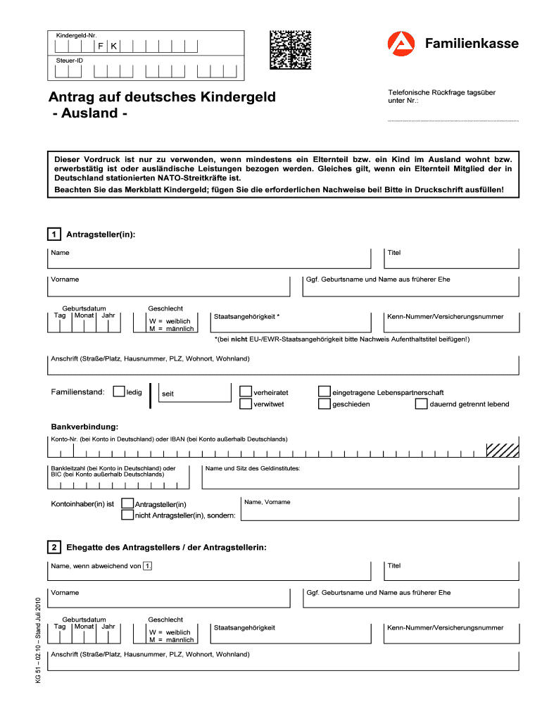 Fillable Online zuhause-ev Antrag auf Kindergeld - Ausland (KG51) - zu ...