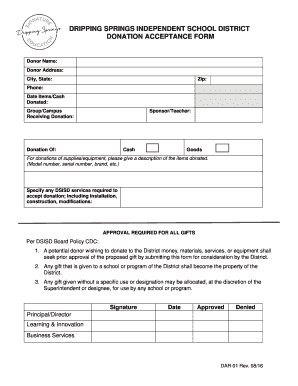 Fillable Online Dripping Springs ISD Donation Acceptance Request Fax ...