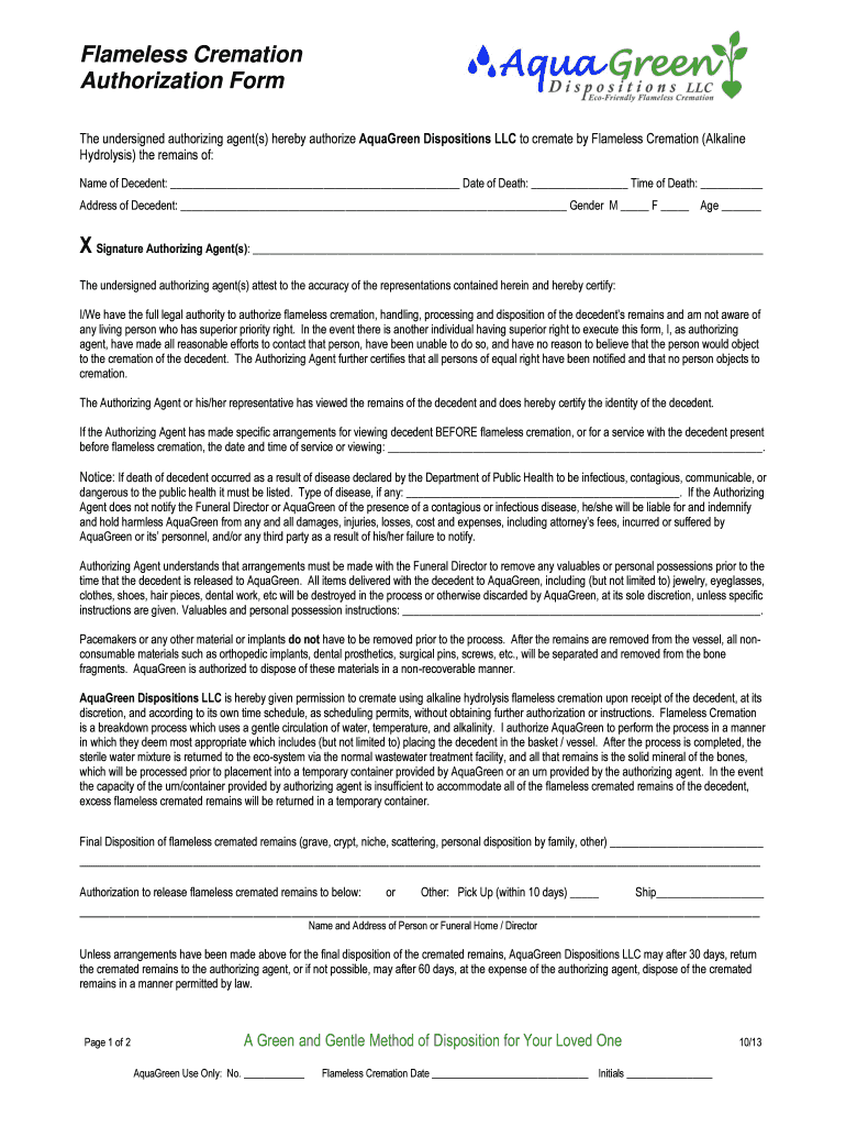 Fillable Online Flameless Cremation Authorization Form Fax Email Print ...