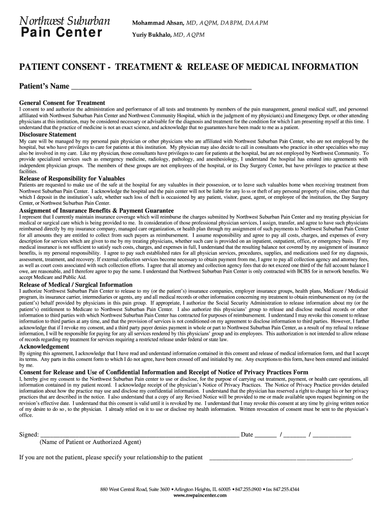 Fillable Online Consent Form - Northwest Suburban Pain Center Fax Email ...