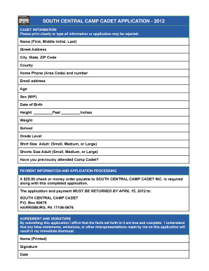 Fillable Online southcentralcampcadet SOUTH CENTRAL CAMP CADET APPLICATION - 2012 ...