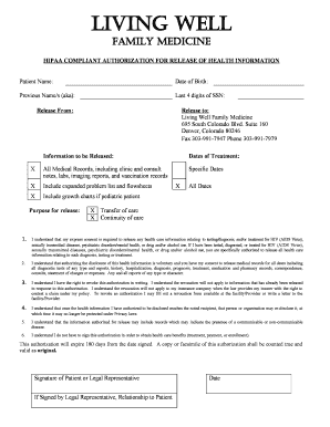 Fillable Online HIPAA COMPLIANT AUTHORIZATION FOR RELEASE OF HEALTH ...