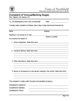 Fillable Online Complaint of Vicious/Barking Dog(s) - Town of ...