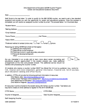 Fillable Online Ohio Department of Education GED Voucher Program Career ...