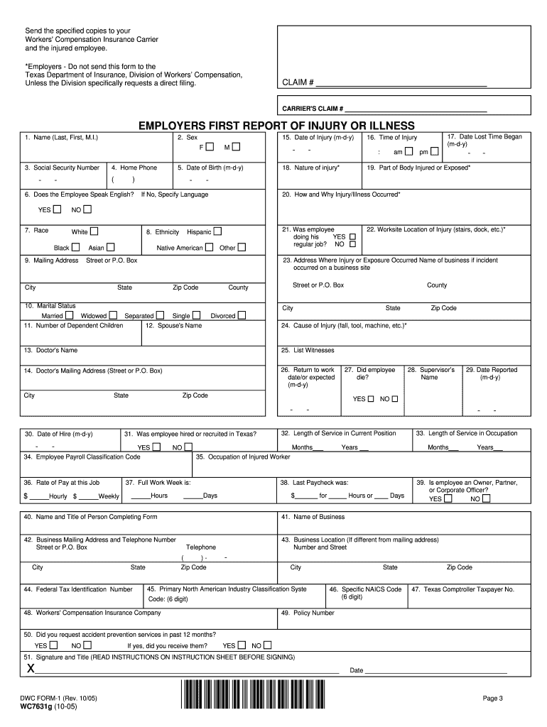 Fillable Online CARRIER 'S CLAIM # EMPLOYERS FIRST REPORT OF INJURY OR ILLNESS Fax Email Print ...