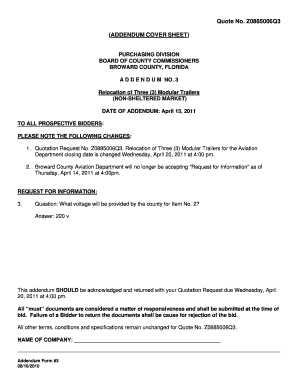 Fillable Online broward Quote No. Z0885006Q3 (ADDENDUM COVER SHEET) Fax ...
