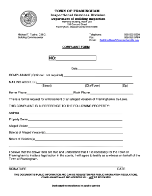 Fillable Online Complaint Form - Town of Framingham Fax Email Print ...