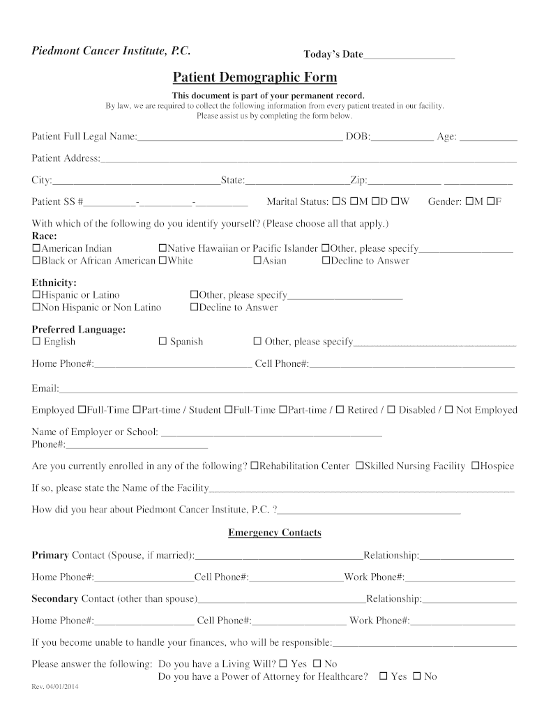 Fillable Online Patient Demographic Form - phoc.com Fax Email Print ...