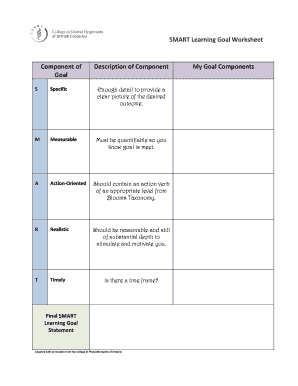 Fillable Online SMART Learning Goal Worksheet Component of Goal ...