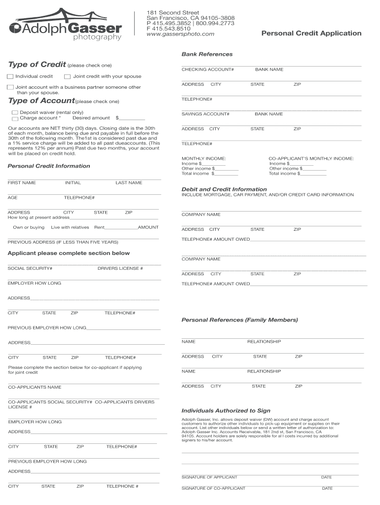 Fillable Online personal credit app - Adolph Gasser, Inc. Fax Email ...