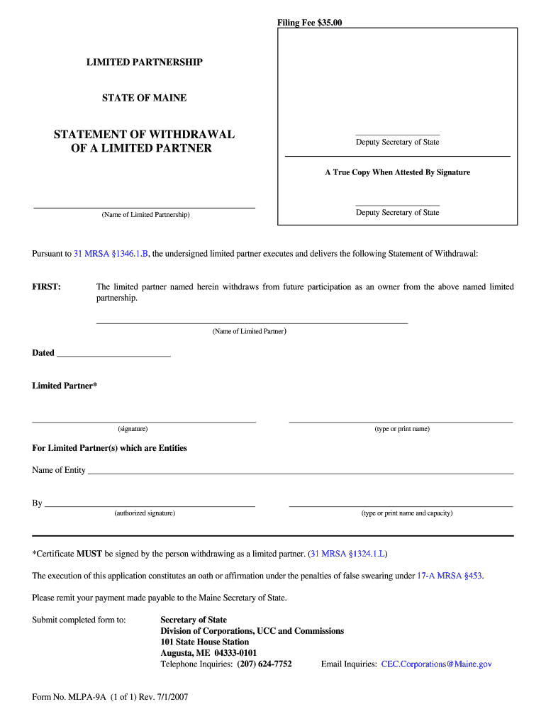 Fillable Online STATEMENT OF WITHDRAWAL OF A LIMITED PARTNER Fax Email ...