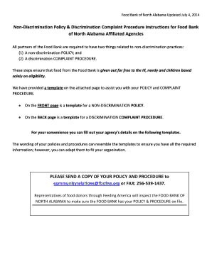 Fillable Online Non Discrimination Policy and Procedure - Food Bank of ...