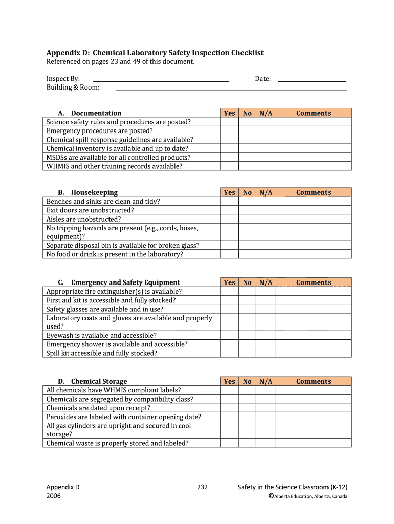 Fillable Online Appendix D: Chemical Laboratory Safety Inspection ...