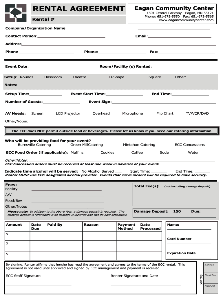 Fillable Online RENTAL AGREEMENT Eagan Community Center Fax Email Print ...