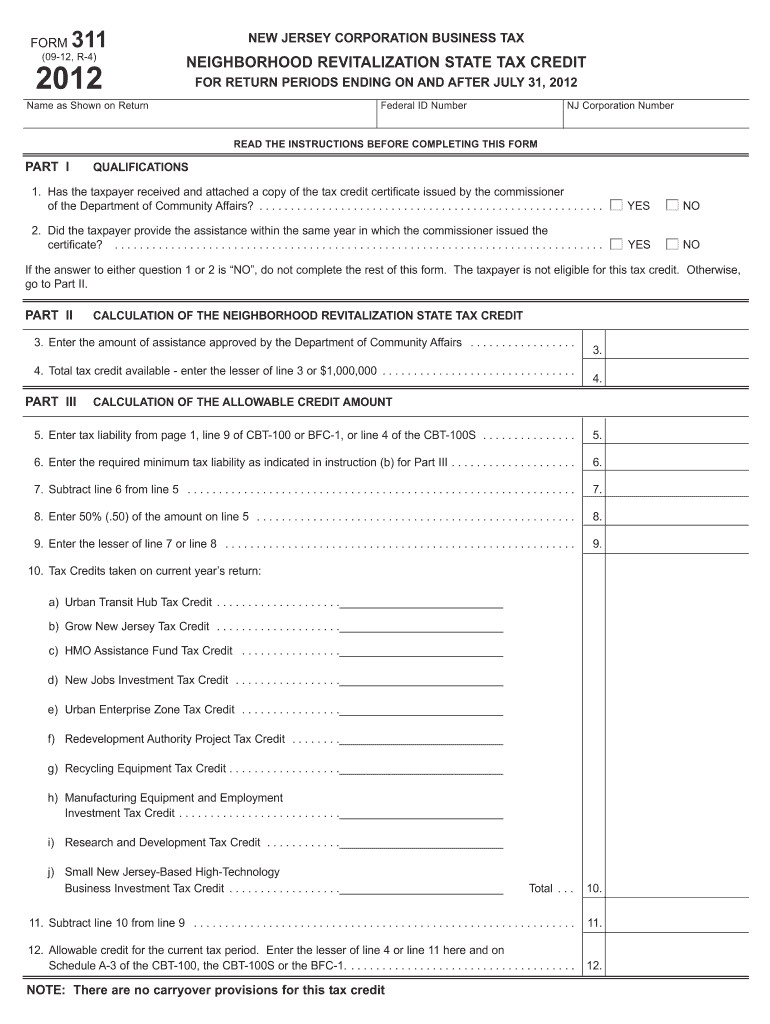 Fillable Online FORM 311 NEW JERSEY CORPORATION BUSINESS TAX 2012 ...