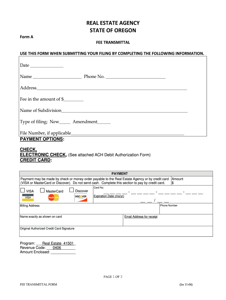 Fillable Online oregon Form A FEE TRANSMITTAL USE THIS FORM WHEN ...