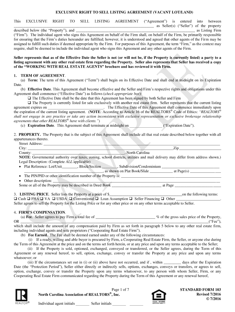 Fillable Online ncrealtors EXCLUSIVE RIGHT TO SELL LISTING AGREEMENT (VACANT LOT/LAND ...