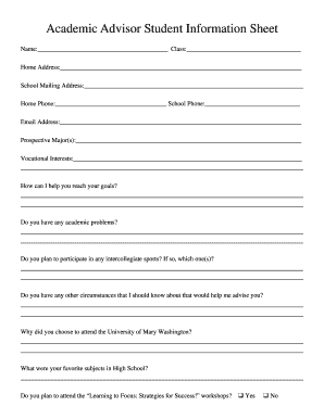 Fillable Online documents umw Academic Advisor Student Information ...