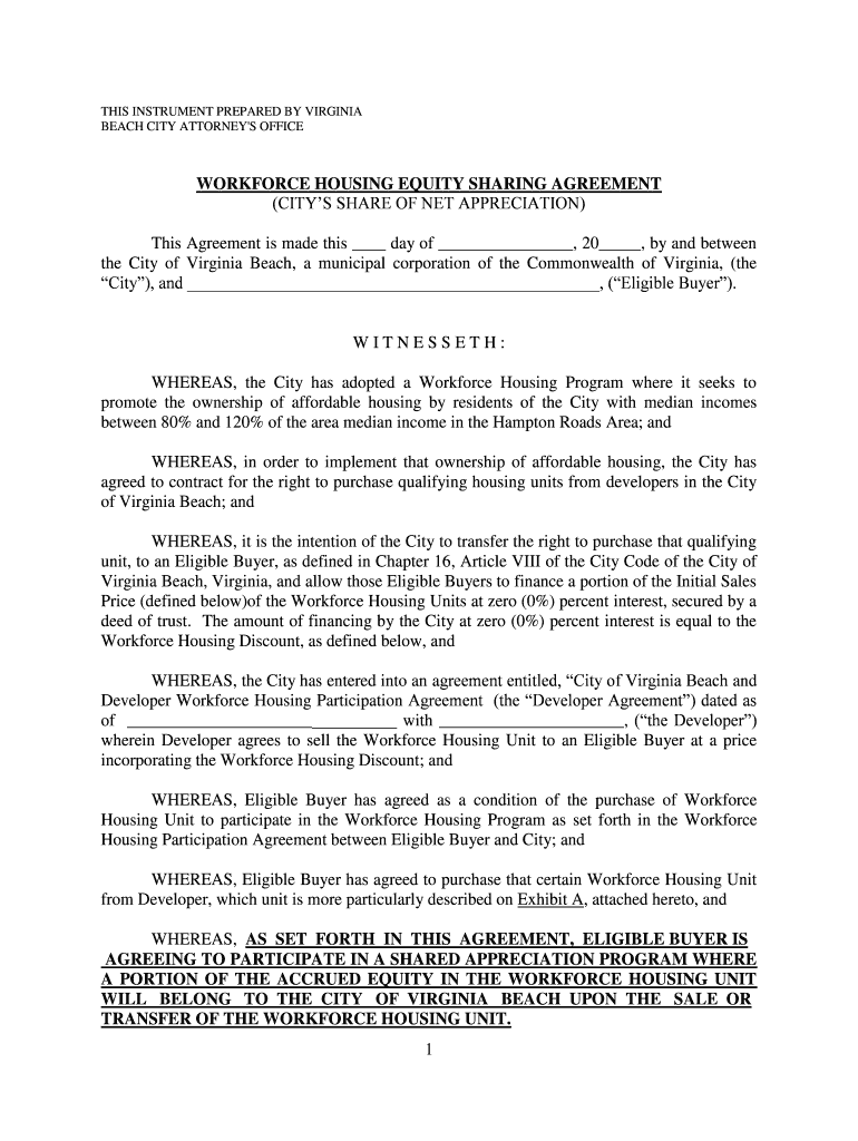 Fillable Online workforce housing equity sharing agreement - City of ...