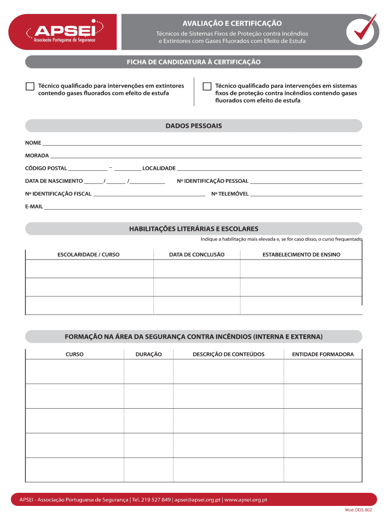 Fillable Online apsei org Mod.ODS.002 - Ficha de Candidatura - APSEI Fax Email Print - pdfFiller