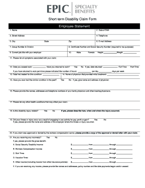 Fillable Online Short-term Disability Claim Form Employee Statement Fax ...
