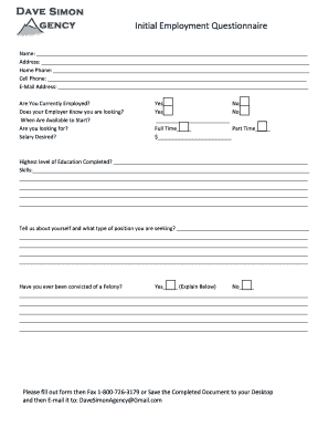 Fillable Online Initial Employment Questionnaire - Dave Simon Agency ...
