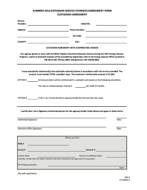 Fillable Online energyexpress ext wvu SUMMER 2014 EXTENSION SERVICE PAYMENT/AGREEMENT FORM ...
