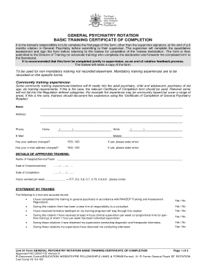 Fillable Online ranzcp General Psychiatry Rotation Basic Training Certificate of Completion ...