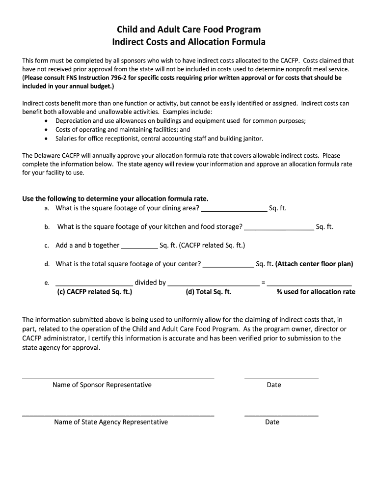 Fillable Online doe k12 de Child and Adult Care Food Program Indirect Costs and ... - doe k12 de ...