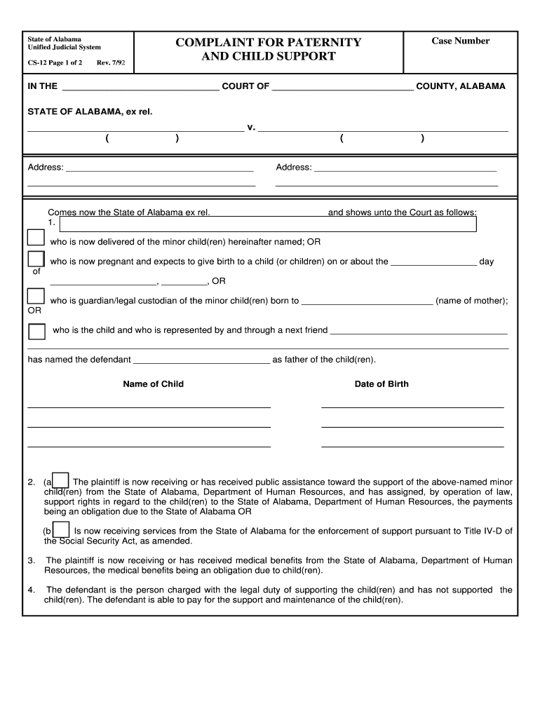 Fillable Online State of Alabama COMPLAINT FOR PATERNITY AND CHILD ...