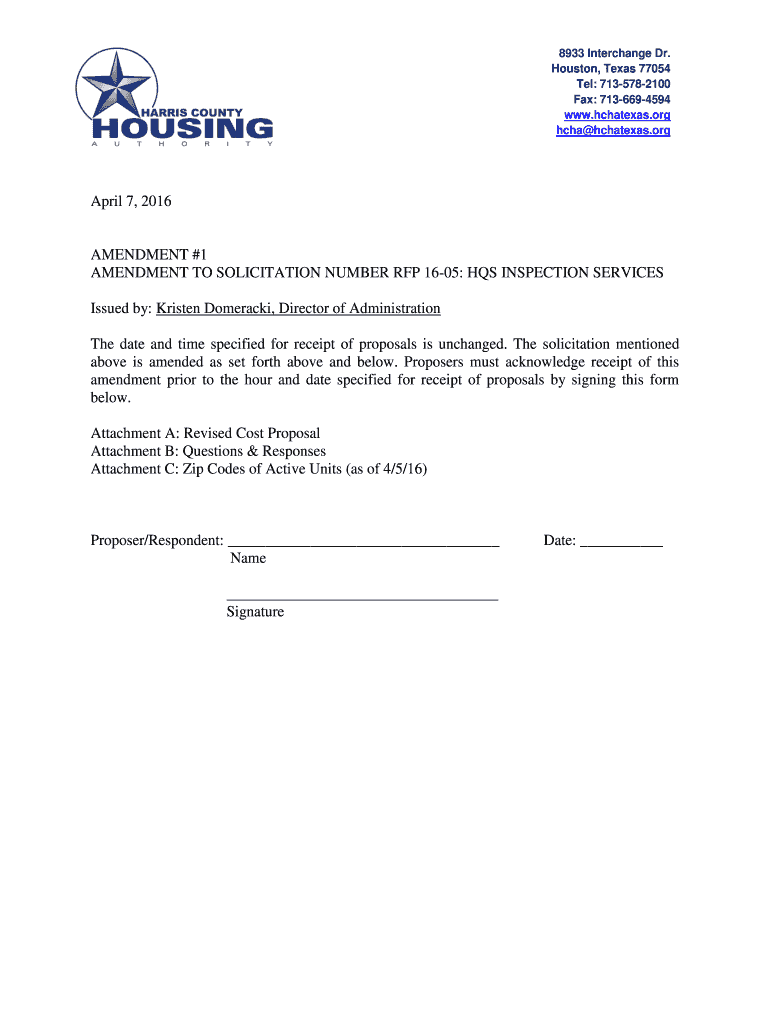 Fillable Online hchatexas AMENDMENT TO SOLICITATION NUMBER RFP 16-05 ...