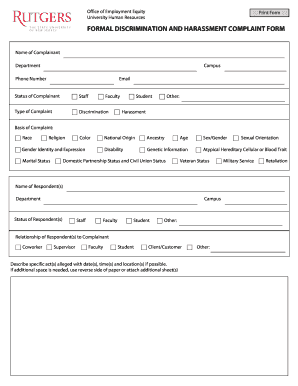 Fillable Online uhr rutgers FORMAL DISCRIMINATION AND HARASSMENT COMPLAINT FORM Fax Email Print ...
