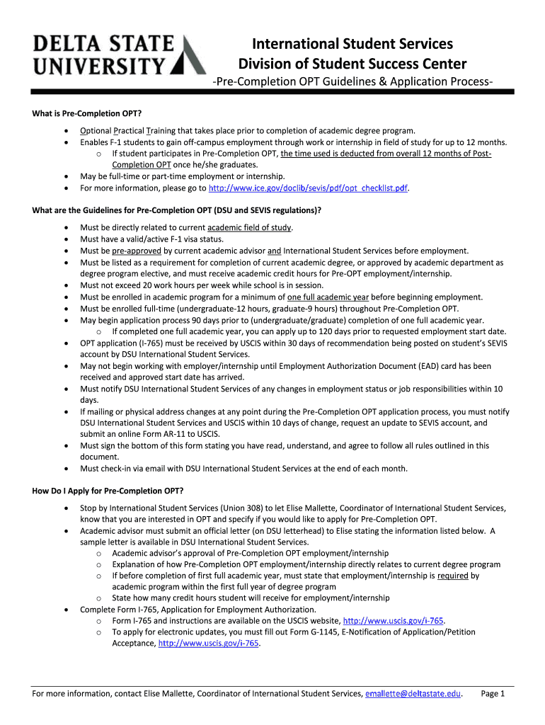 Fillable Online deltastate Post-Completion OPT Guidelines & Application Process - deltastate Fax ...