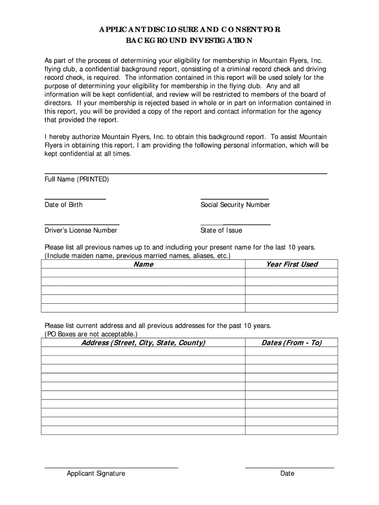 Fillable Online APPLICANT DISCLOSURE AND CONSENT FOR - mtnflyers.com ...