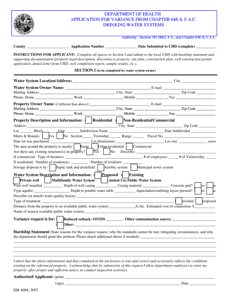 Fillable Online department of health application for variance from ...