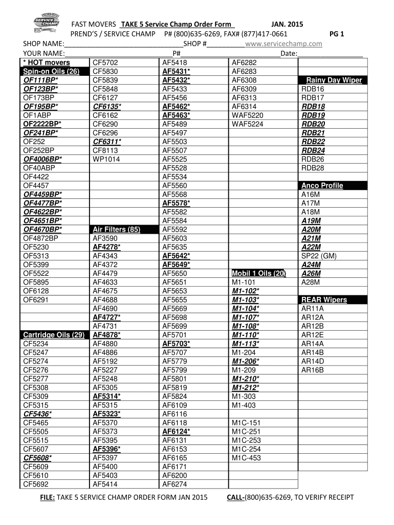 Fillable Online FAST MOVERS TAKE 5 Service Champ Order Form JAN. 2015 ...