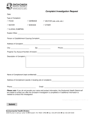 Fillable Online snohd Complaint Investigation Request - Snohomish ...