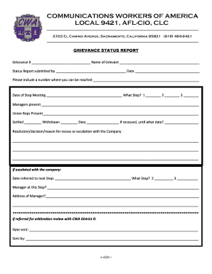 Fillable Online cwa9421 GRIEVANCE STATUS REPORT - cwa9421.org Fax Email ...
