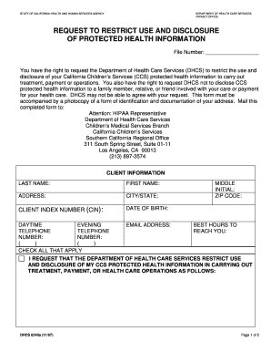 Fillable Online dhcs ca REQUEST TO RESTRICT USE AND DISCLOSURE OF ...