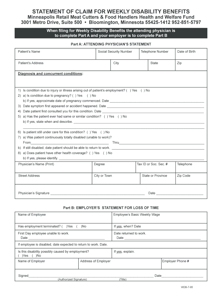 Fillable Online STATEMENT OF CLAIM FOR WEEKLY DISABILITY BENEFITS ...