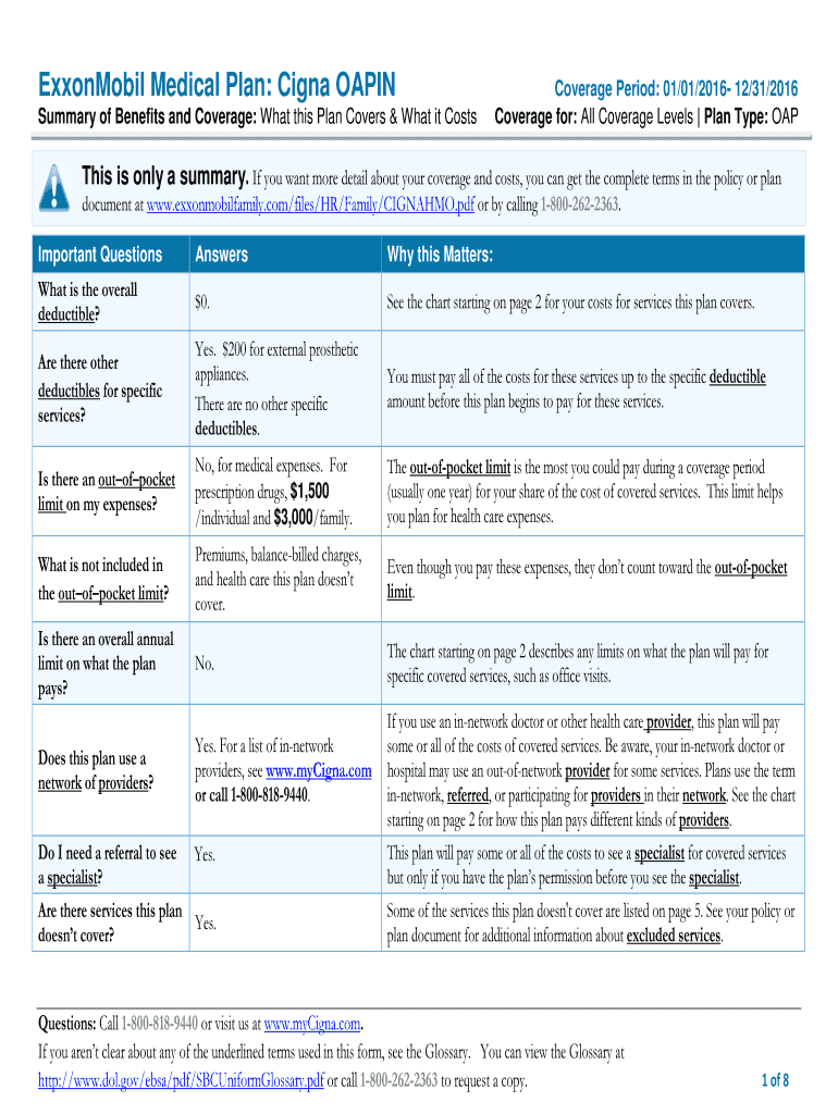 Fillable Online ExxonMobil Medical Plan: Cigna OAPIN Fax Email Print ...